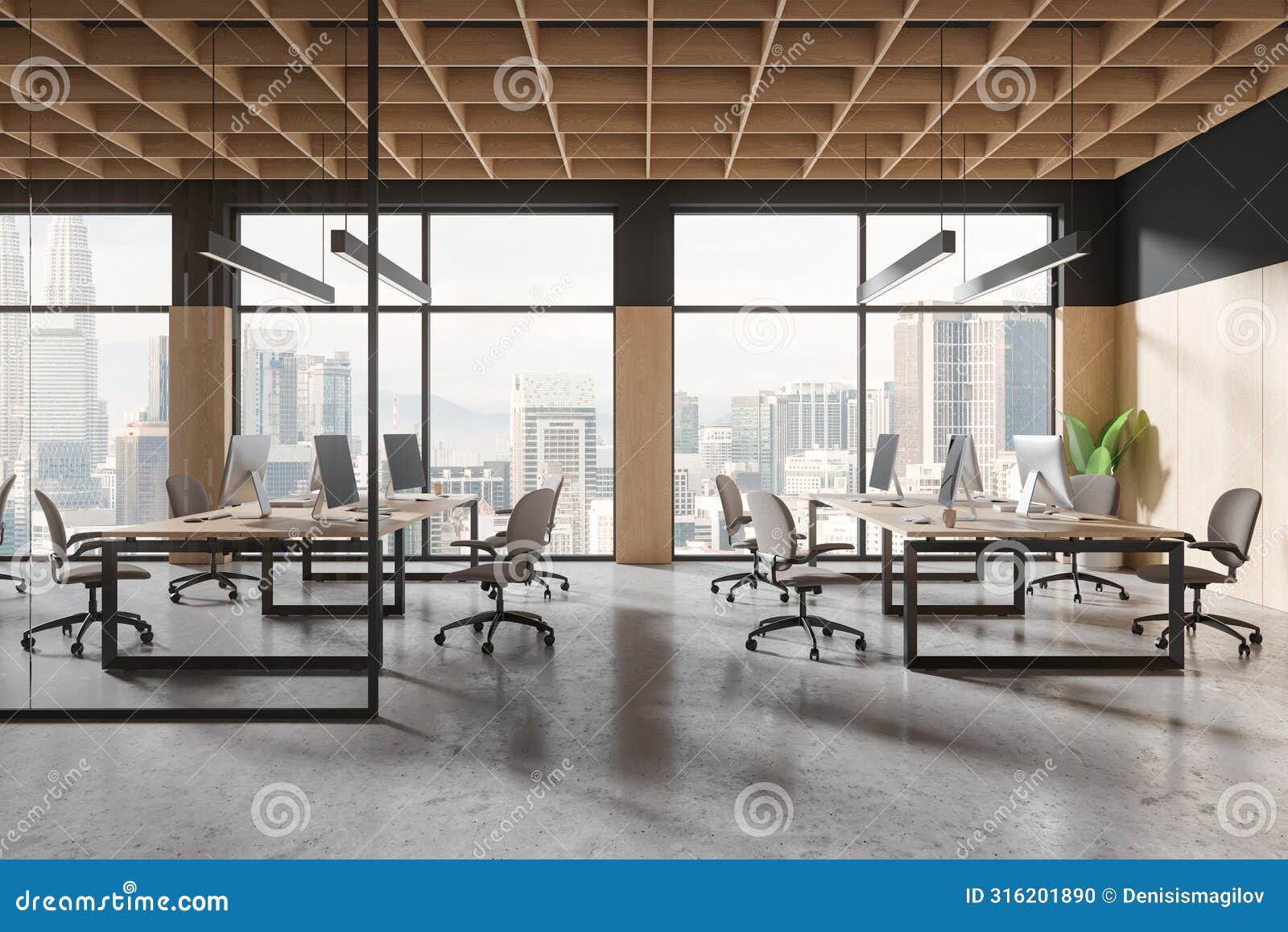 Modern Office Interior with Desks and Computers, Panoramic Windows and ...