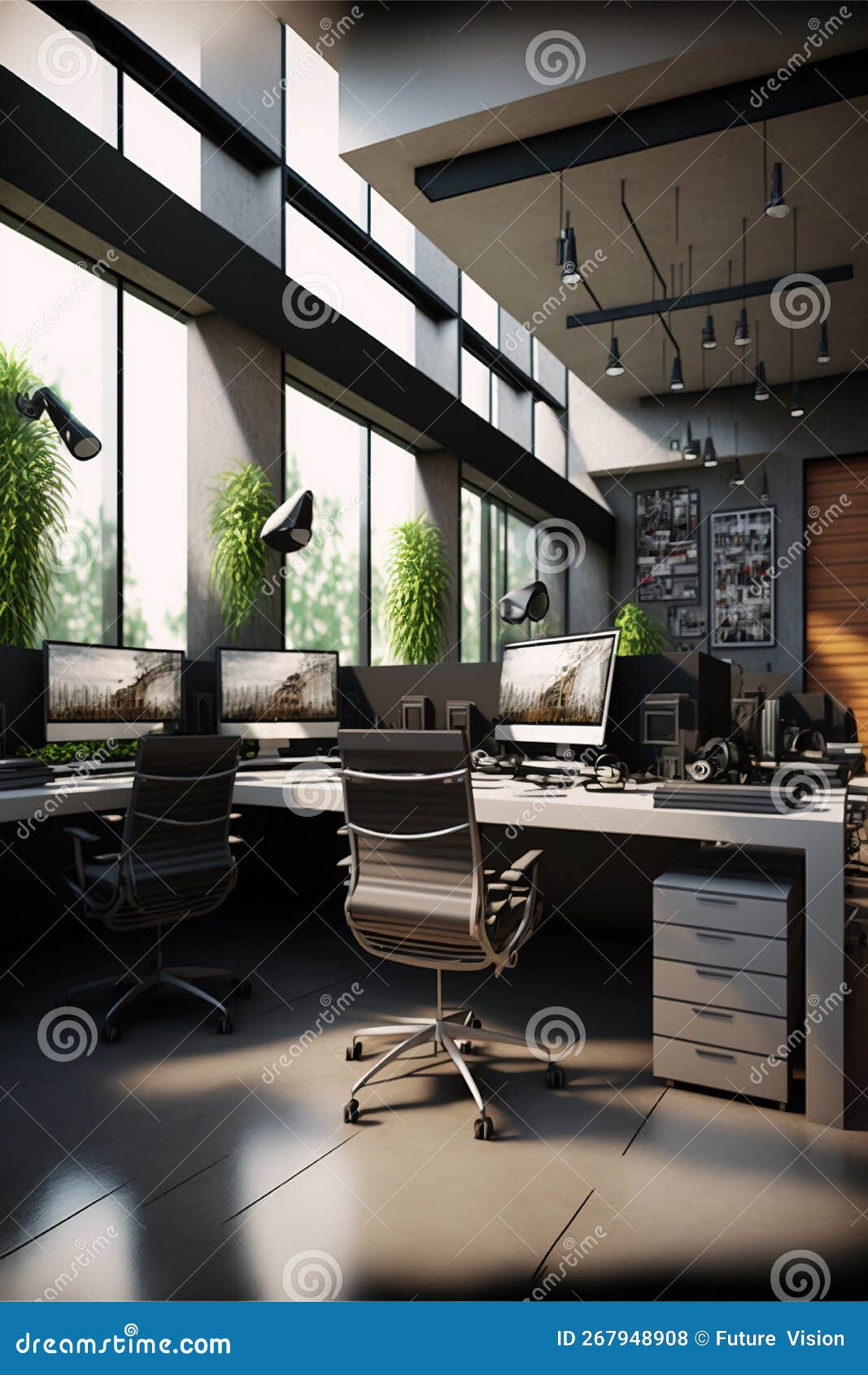 Modern Office Interior with Desks, Computers and Windows Created Using ...