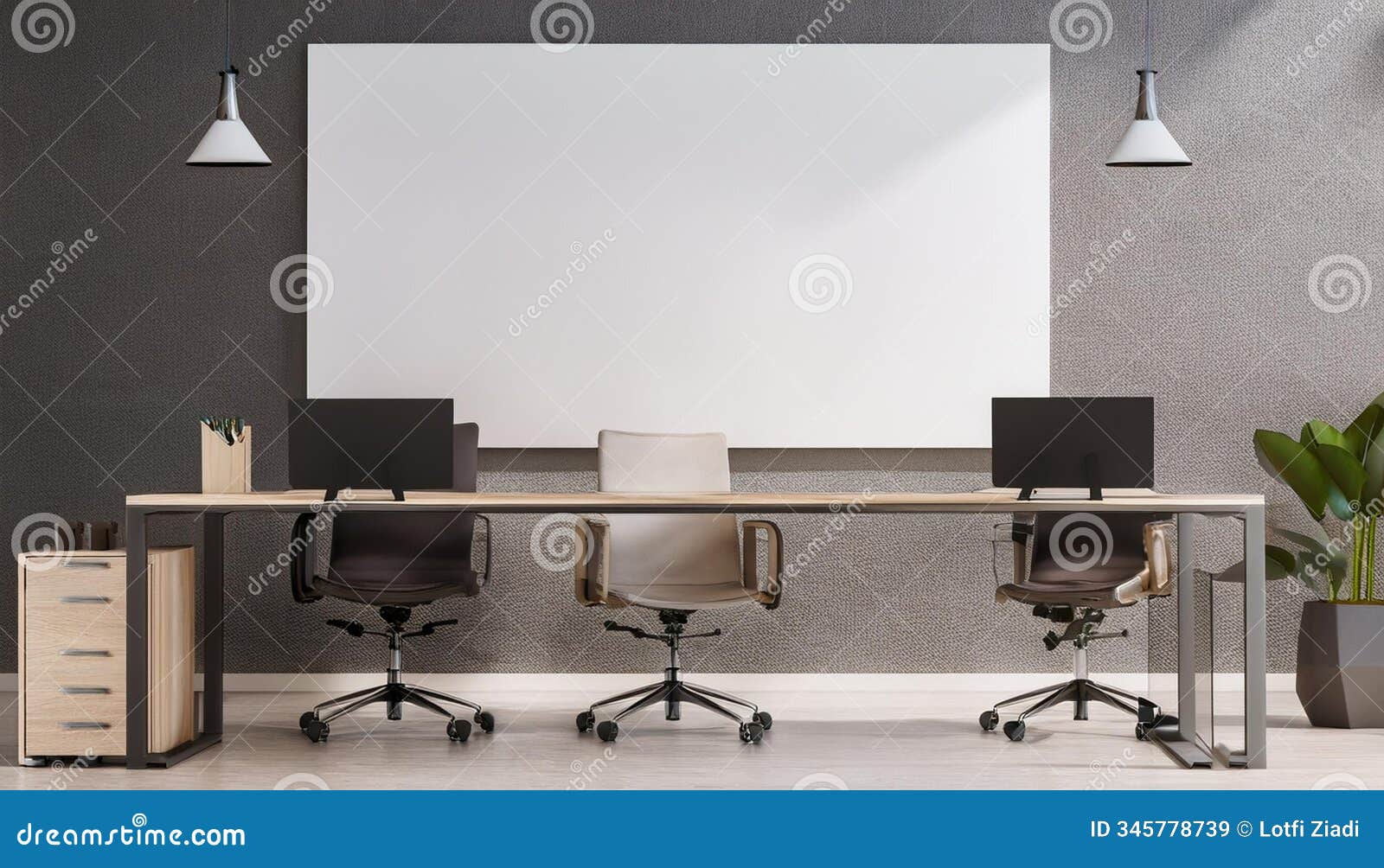 Modern Office Interior with Empty Workspace and Blank Canvas on Wall ...