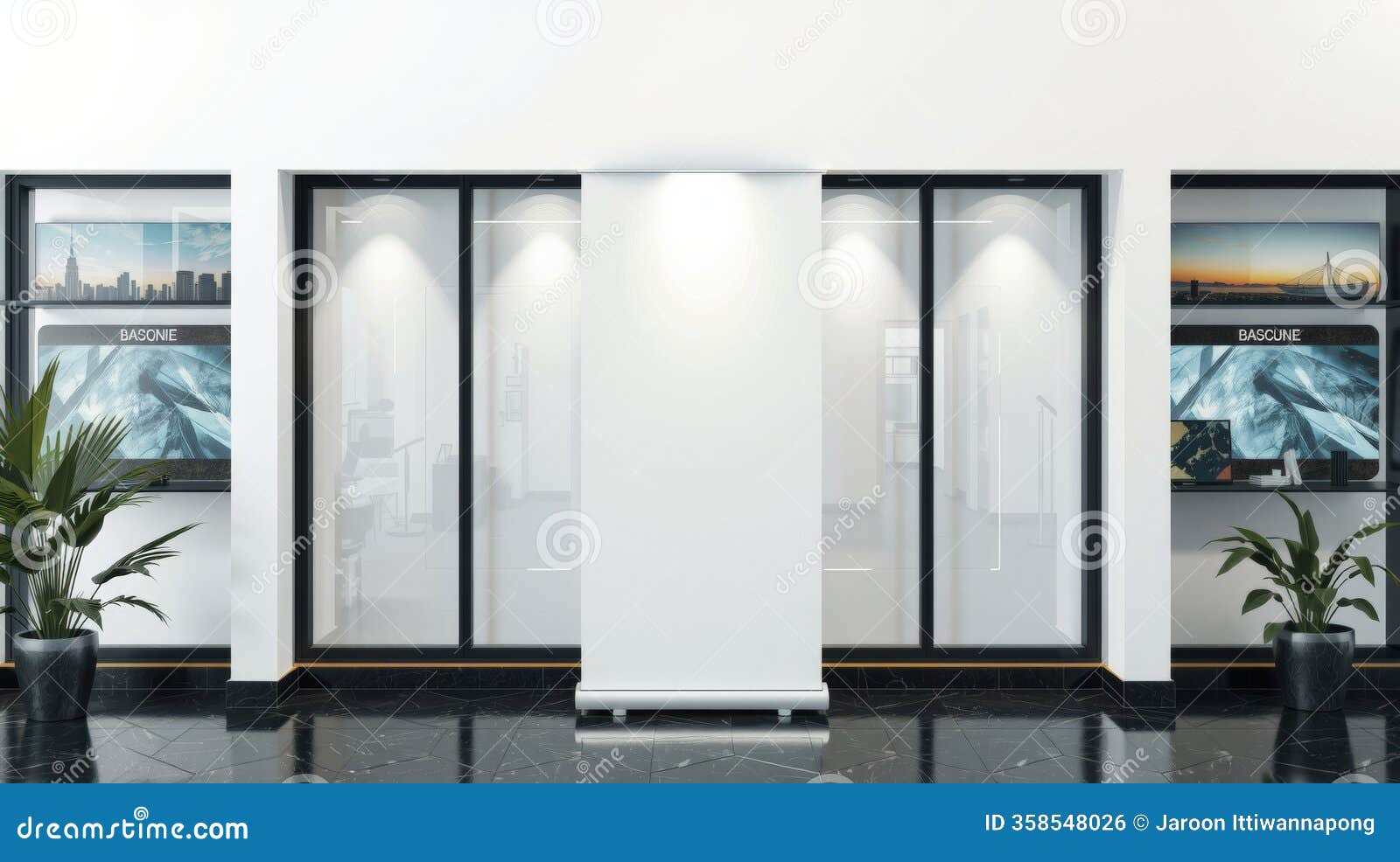 Modern Office Interior Featuring Blank Rollup Standee, Large Windows ...