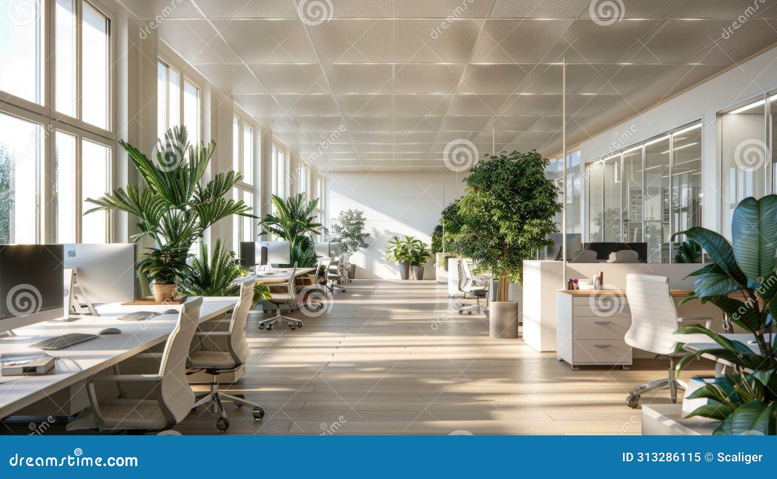 Modern Office Interior with Green Plants, Desks and Computers, Empty ...