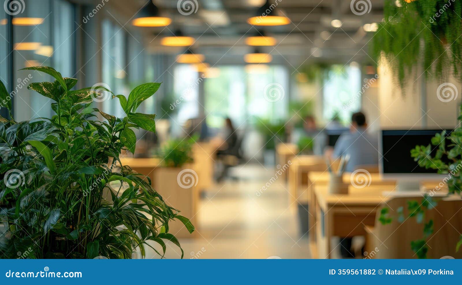 Modern Office Interior with Green Plants and People Working in an Open ...