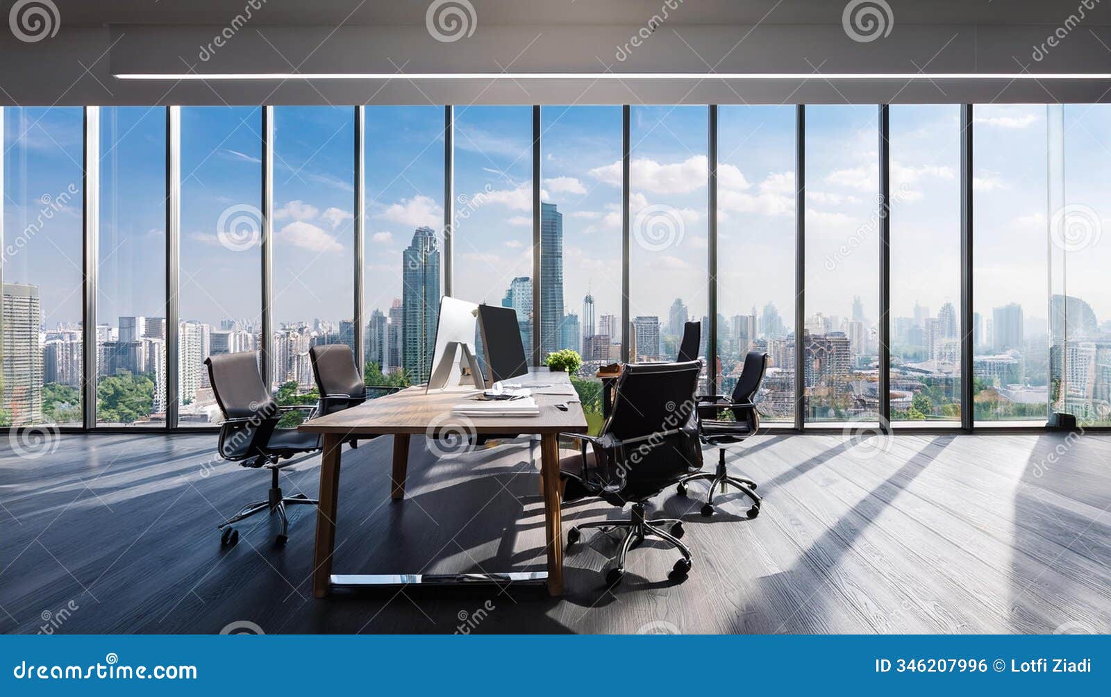 Modern Office Interior with Large Window and City View. 3D Rendering ...
