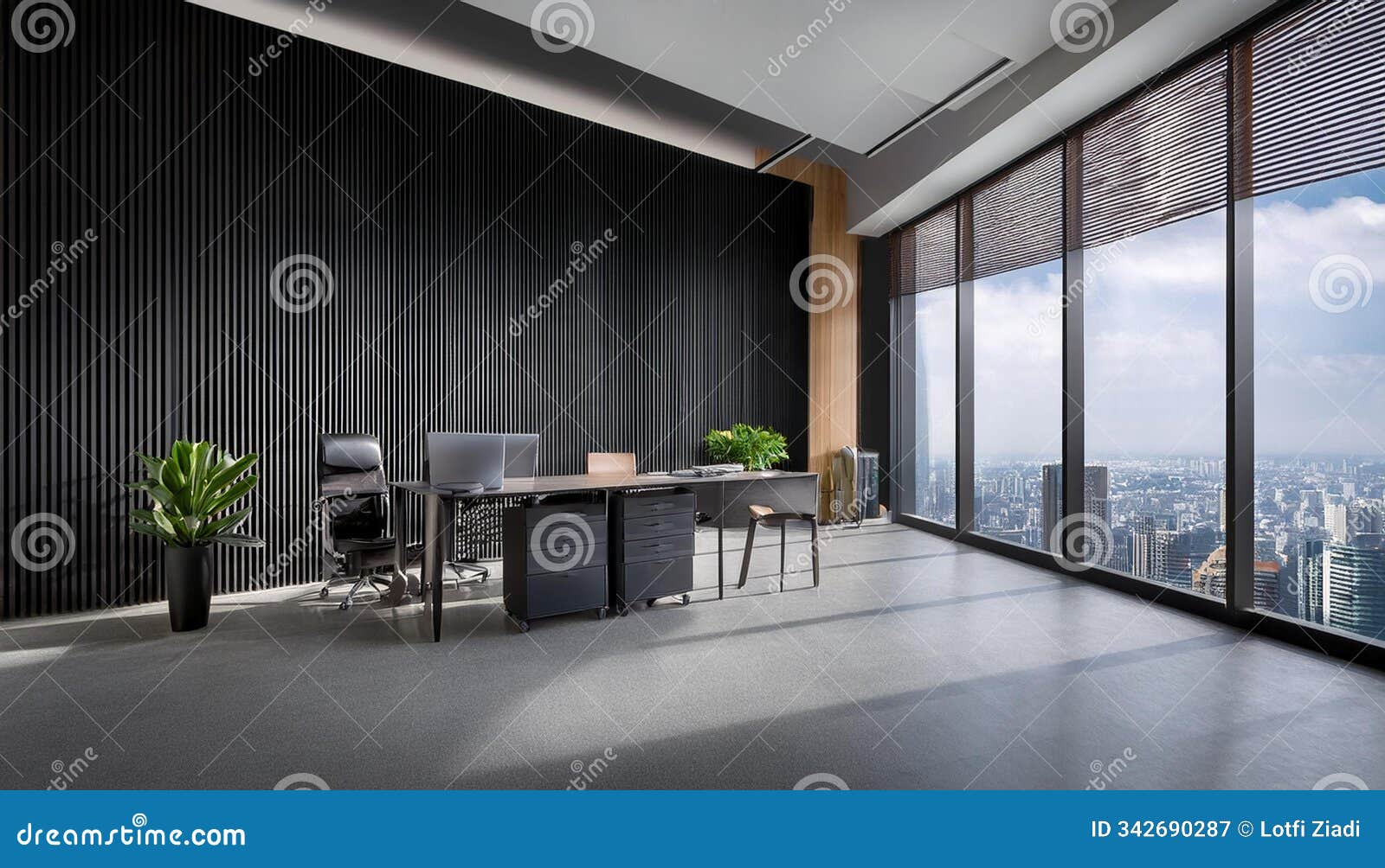 Modern Office Interior with Large Windows and Black Partition Wall. 3D ...