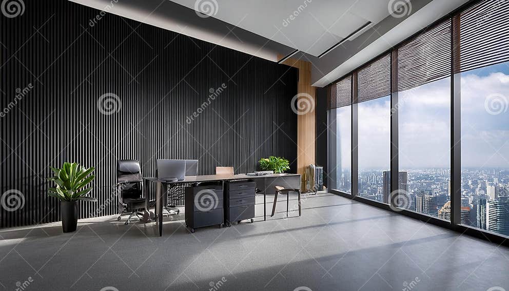 Modern Office Interior with Large Windows and Black Partition Wall. 3D ...