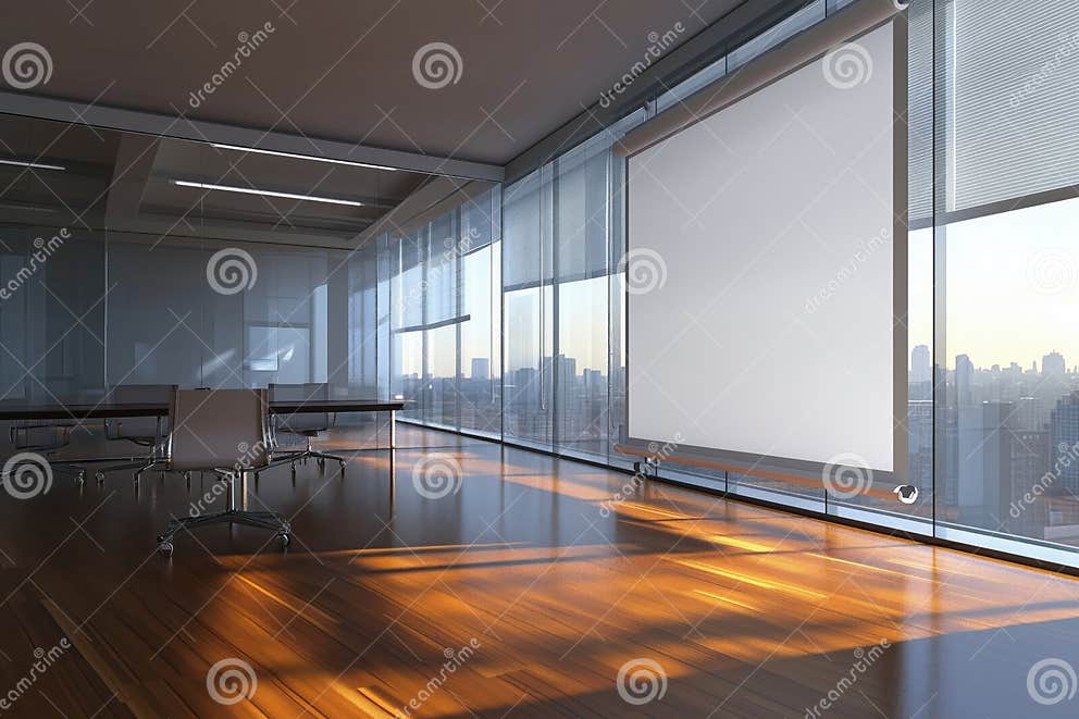 Modern Office Interior with Large Windows and Projector Screen Stock ...