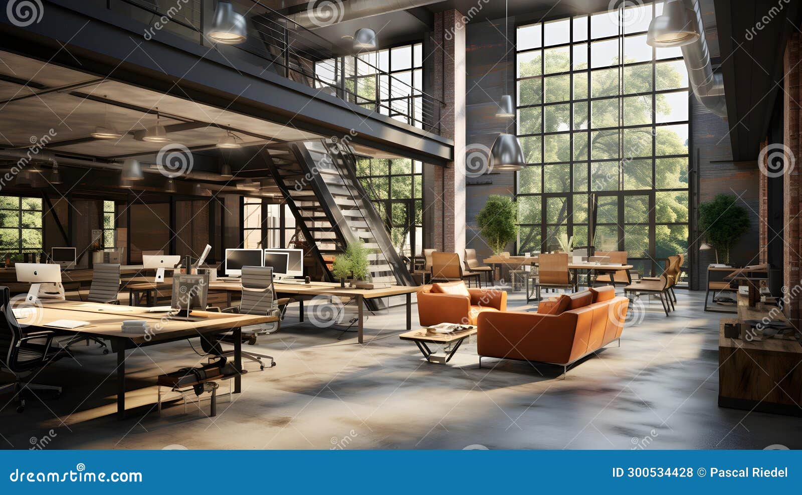 Modern Office Interior in Loft, Industrial Style with Huge Window Front ...