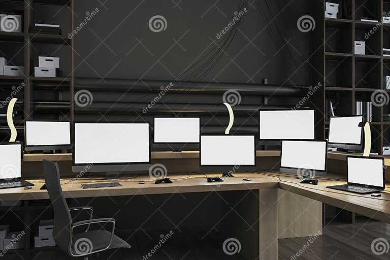 Modern Office Interior with Multiple Empty White Computer Monitors on ...