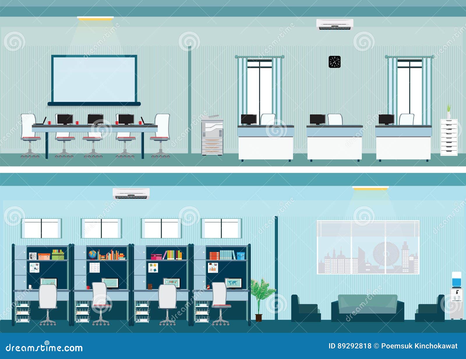 Modern Office Interior with Office Desk Stock Vector - Illustration of ...