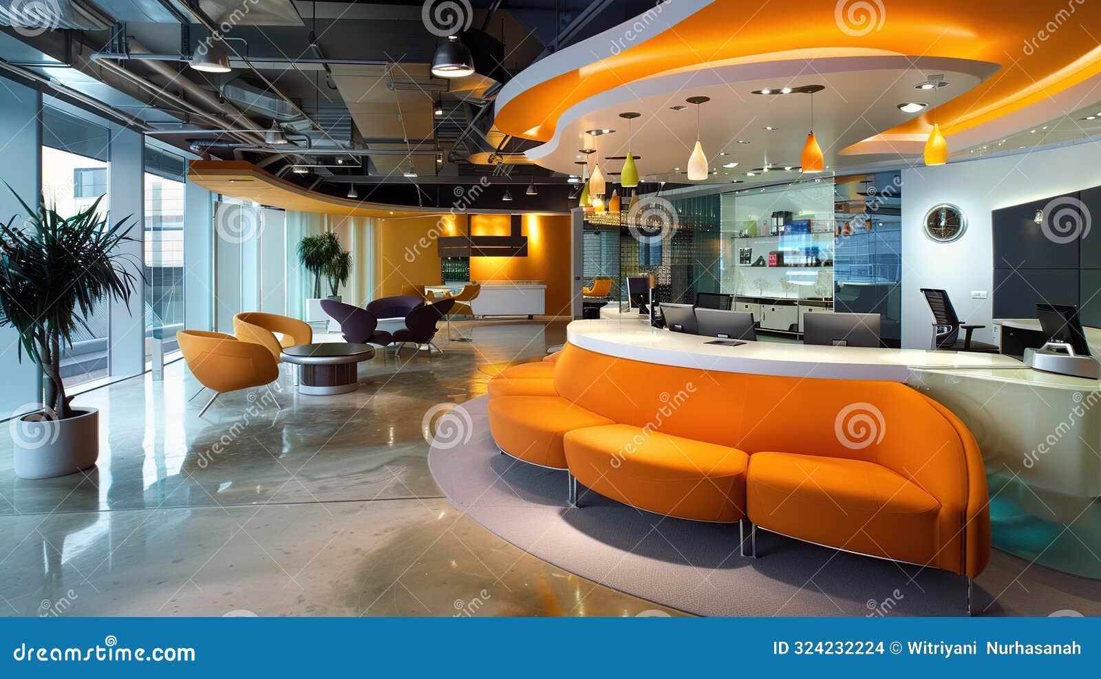 Modern Office Interior with Orange Seating and Curved Reception Desk ...