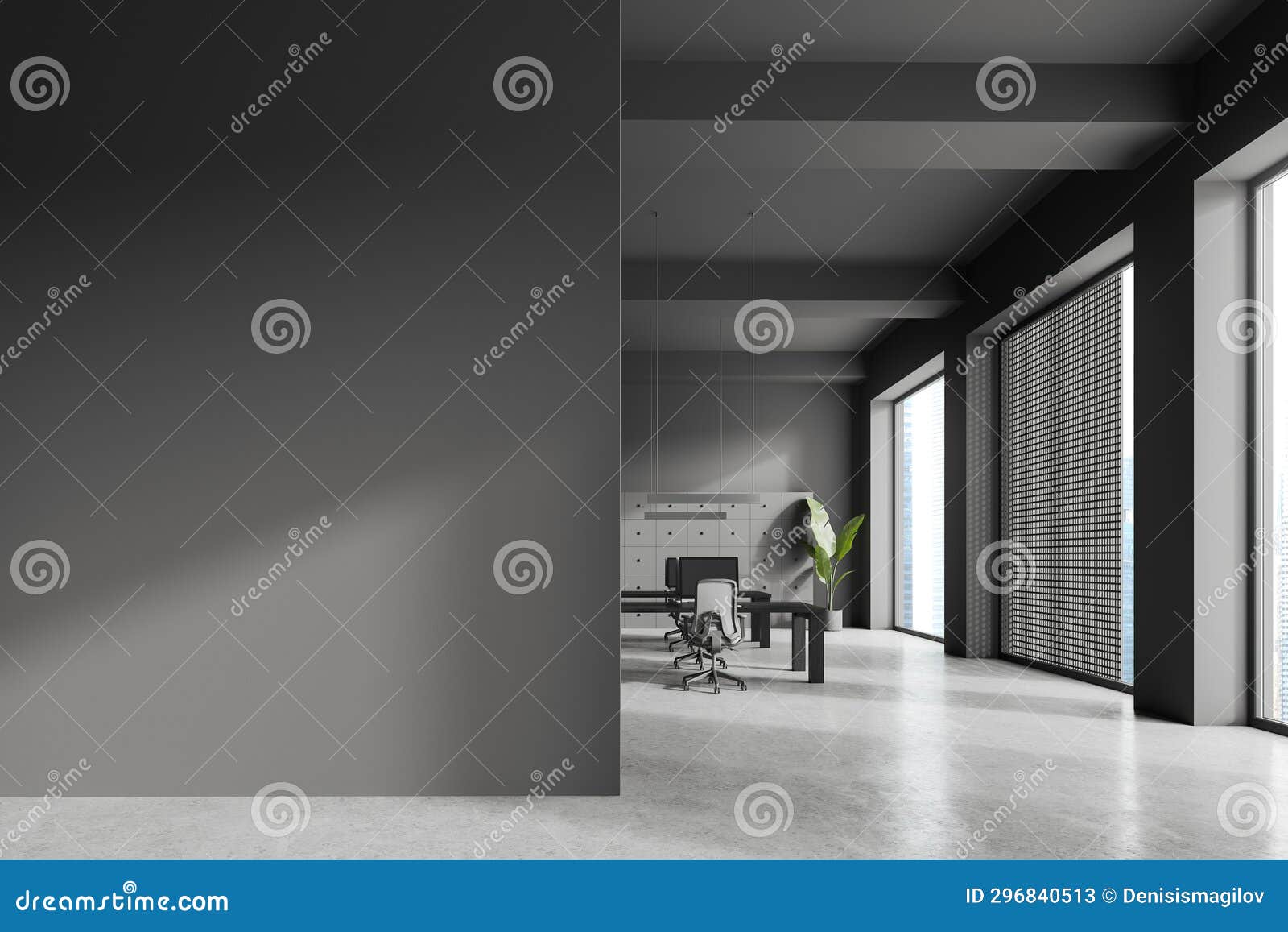 Modern Office Interior with Pc Computers on Desk, Panoramic Window ...