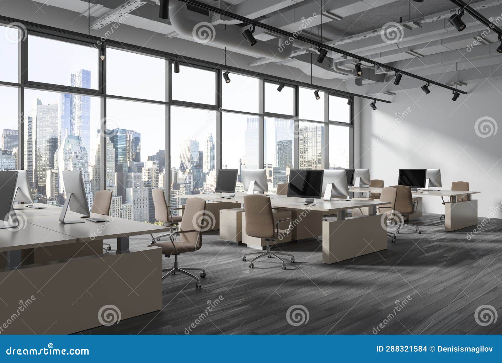 Modern Office Interior with Pc Monitors in Row, Chairs and Panoramic ...