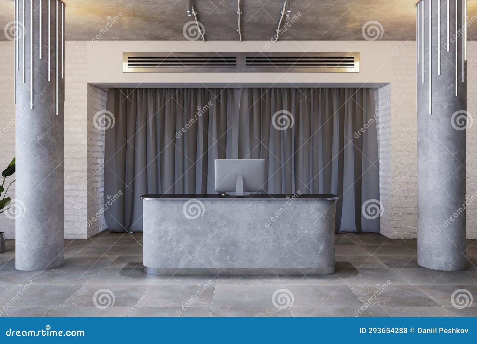 Modern Office Interior with Reception Desk, Columns, Curtain and ...