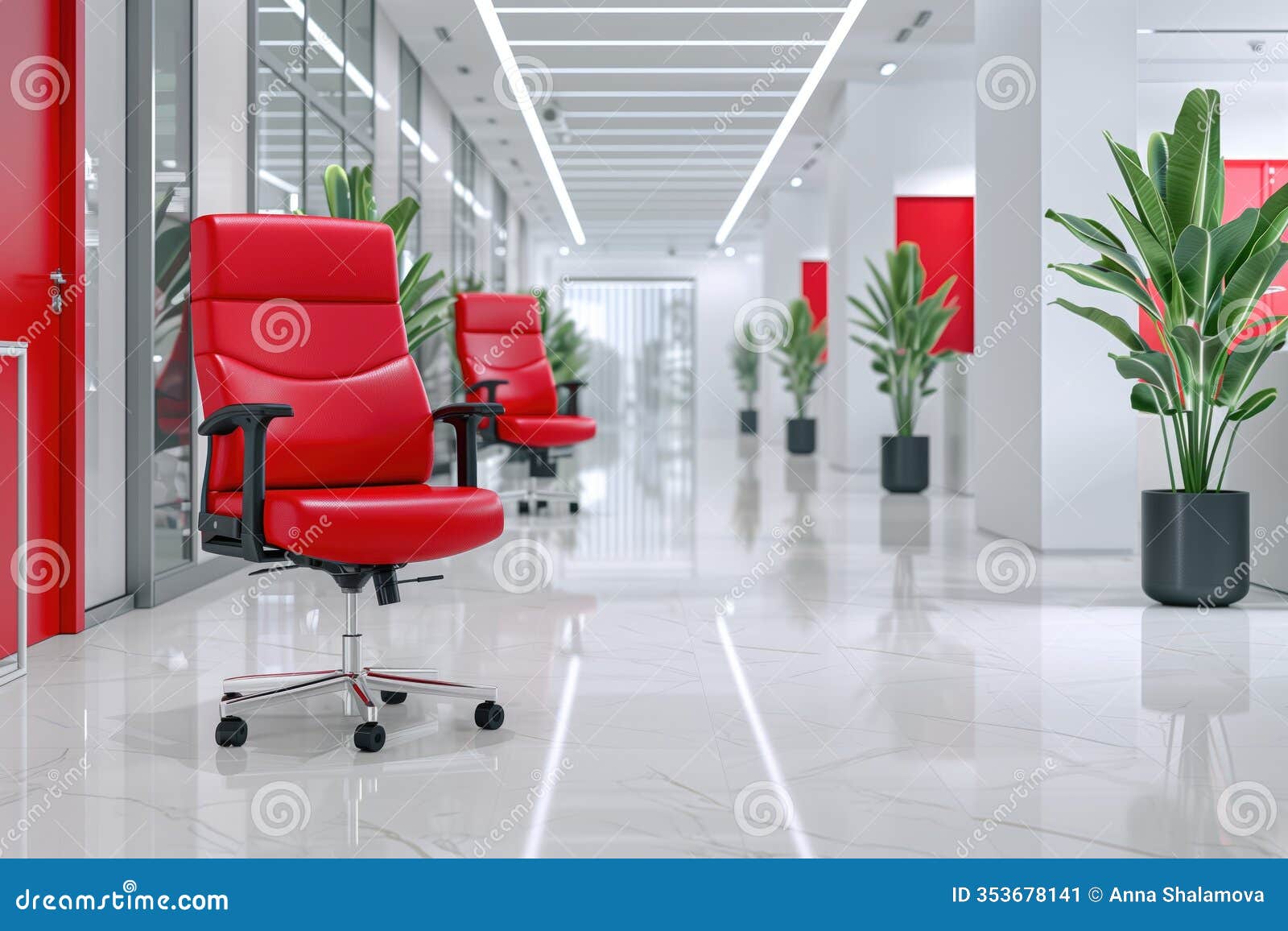 Modern Office Interior with Red Chairs and Green Plants for ...