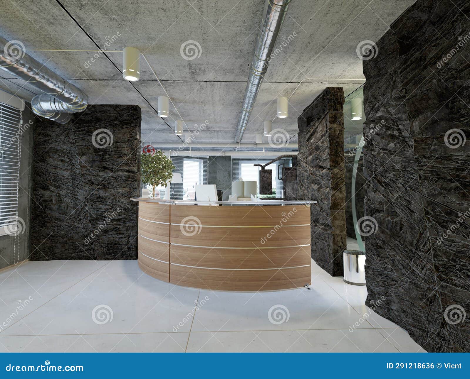 Modern Office Interior with Rock Feature Stock Illustration ...
