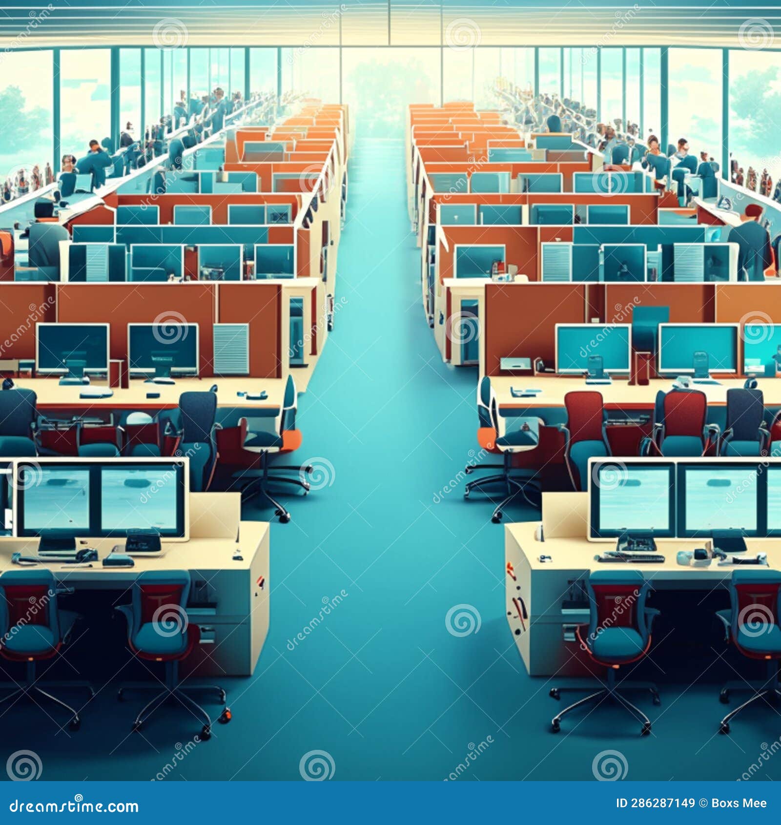 Modern Office Interior With Rows Of Computer Desks 3d Render
