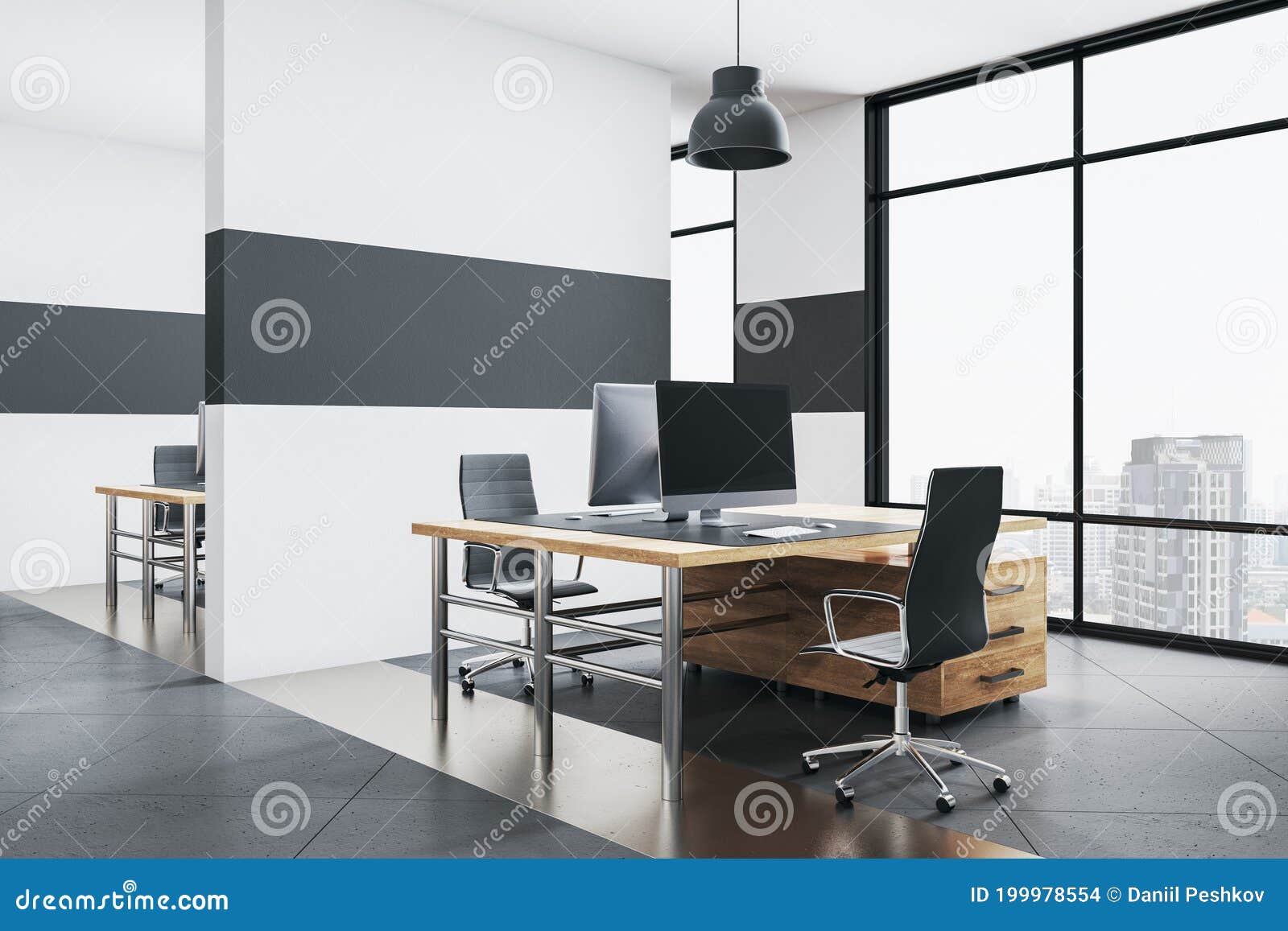 Modern Office Interior with Rows of Computer Table Stock Illustration ...