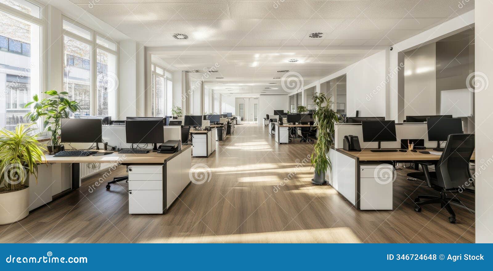 Modern Office Interior with Rows of Desks, Computers, and Plants Stock ...