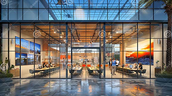 Modern Office Interior Showcasing Collaborative Workspaces with Large ...