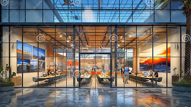 Modern Office Interior Showcasing Collaborative Workspaces with Large ...