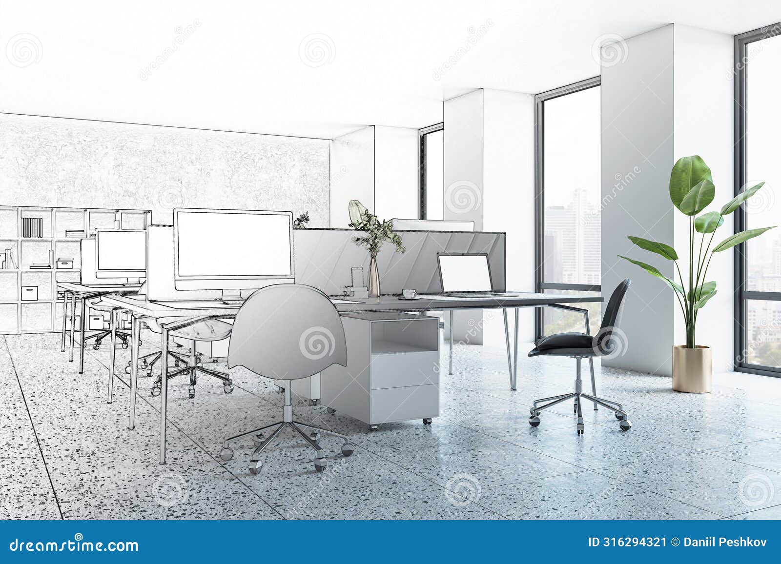 A Modern Office Interior with Sketch Effect, Featuring Desks, Computers ...