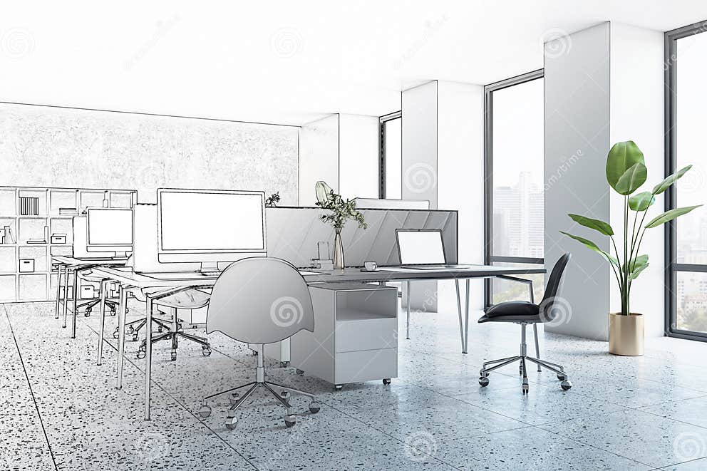 A Modern Office Interior with Sketch Effect, Featuring Desks, Computers ...