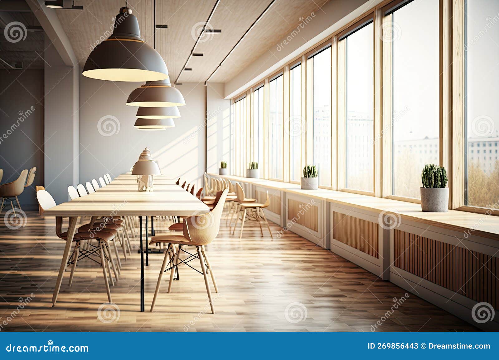 Modern Office Interior Space with Desk, Row of Computers, Documents ...