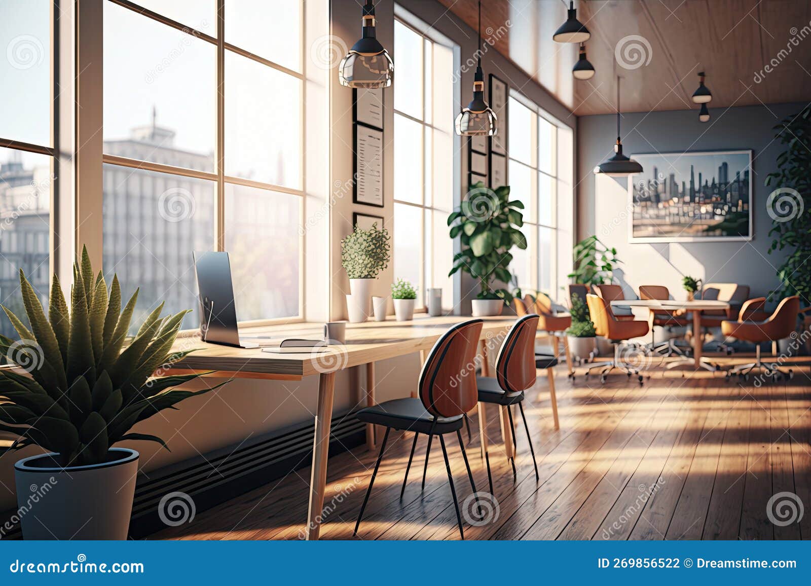 Modern Office Interior Space with Desk, Row of Computers, Documents ...
