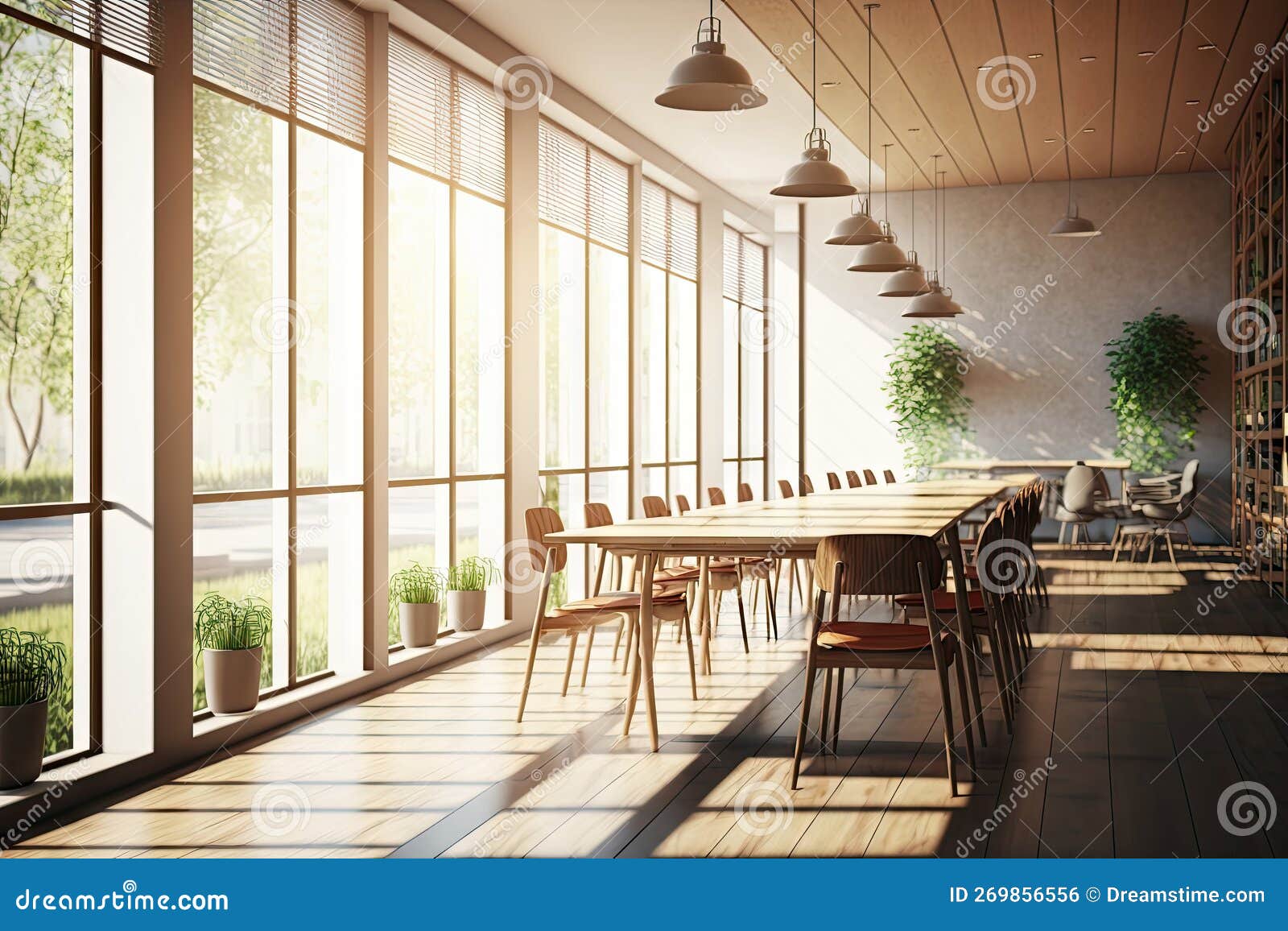 Modern Office Interior Space with Desk, Row of Computers, Documents ...