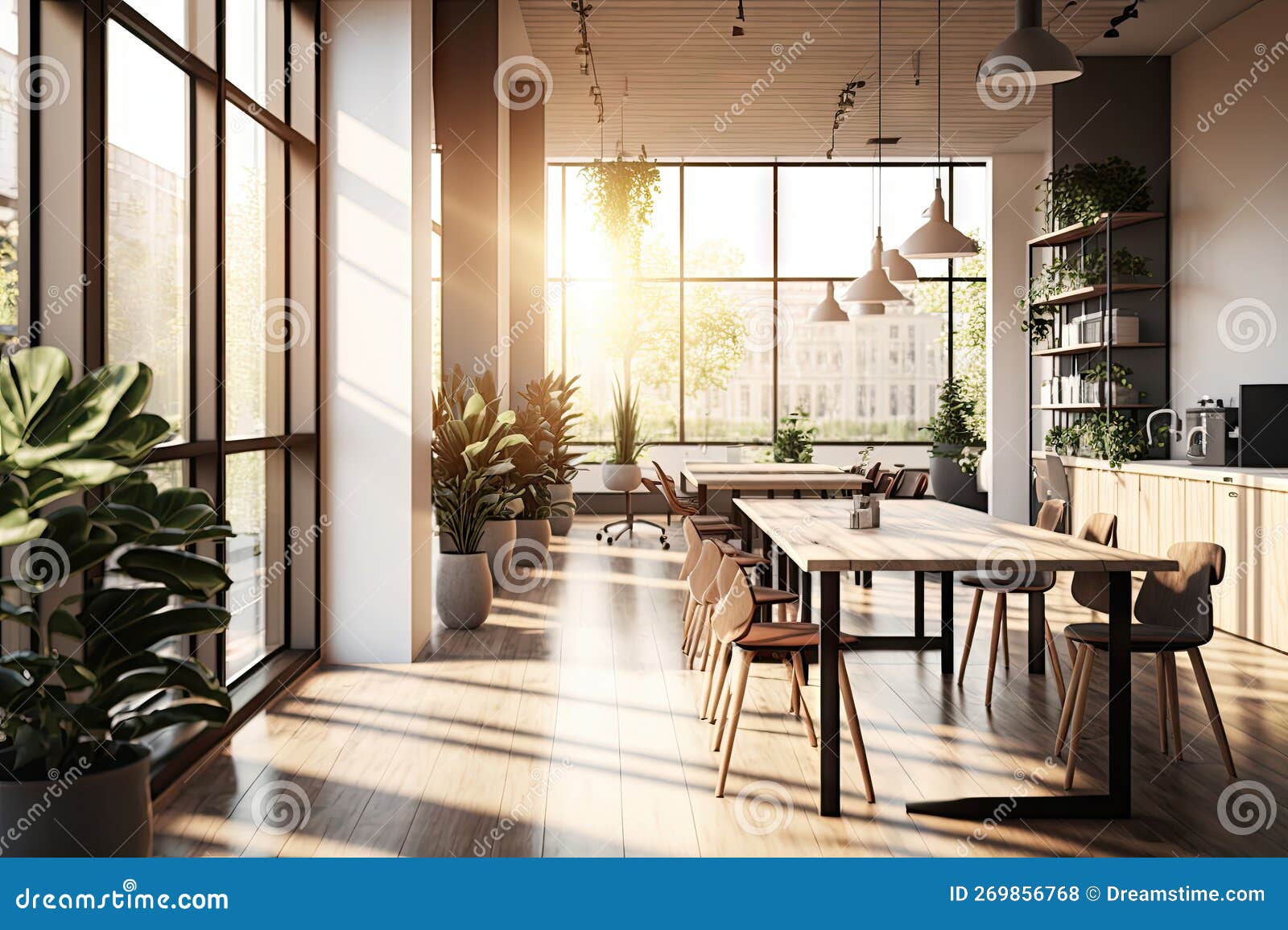 Modern Office Interior Space with Desk, Row of Computers, Documents ...