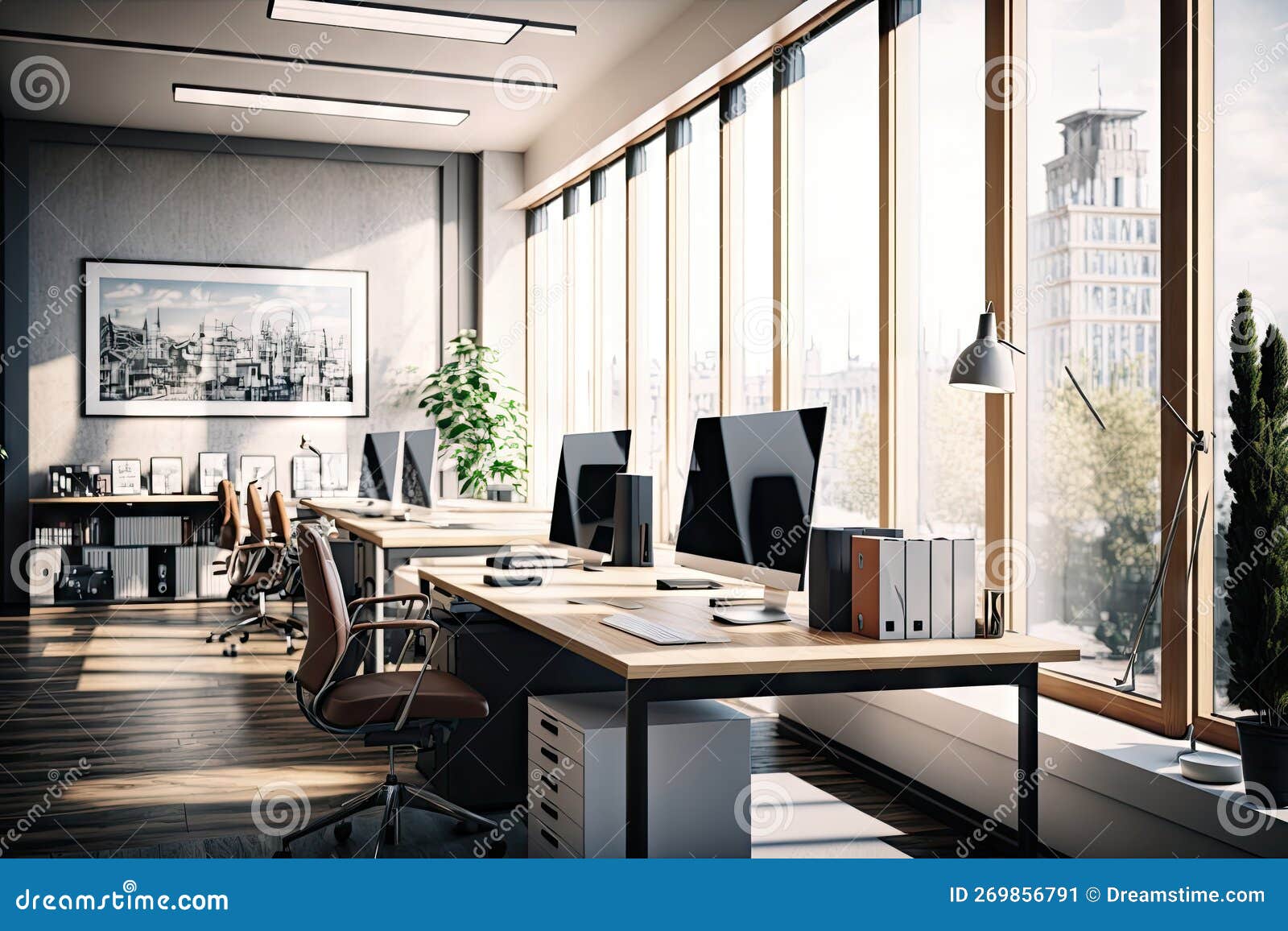 Modern Office Interior Space with Desk, Row of Computers, Documents ...