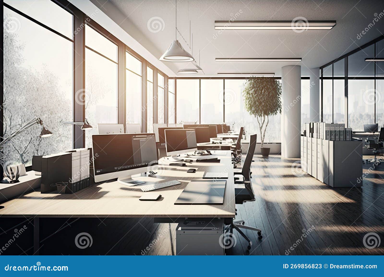 Modern Office Interior Space with Desk, Row of Computers, Documents ...