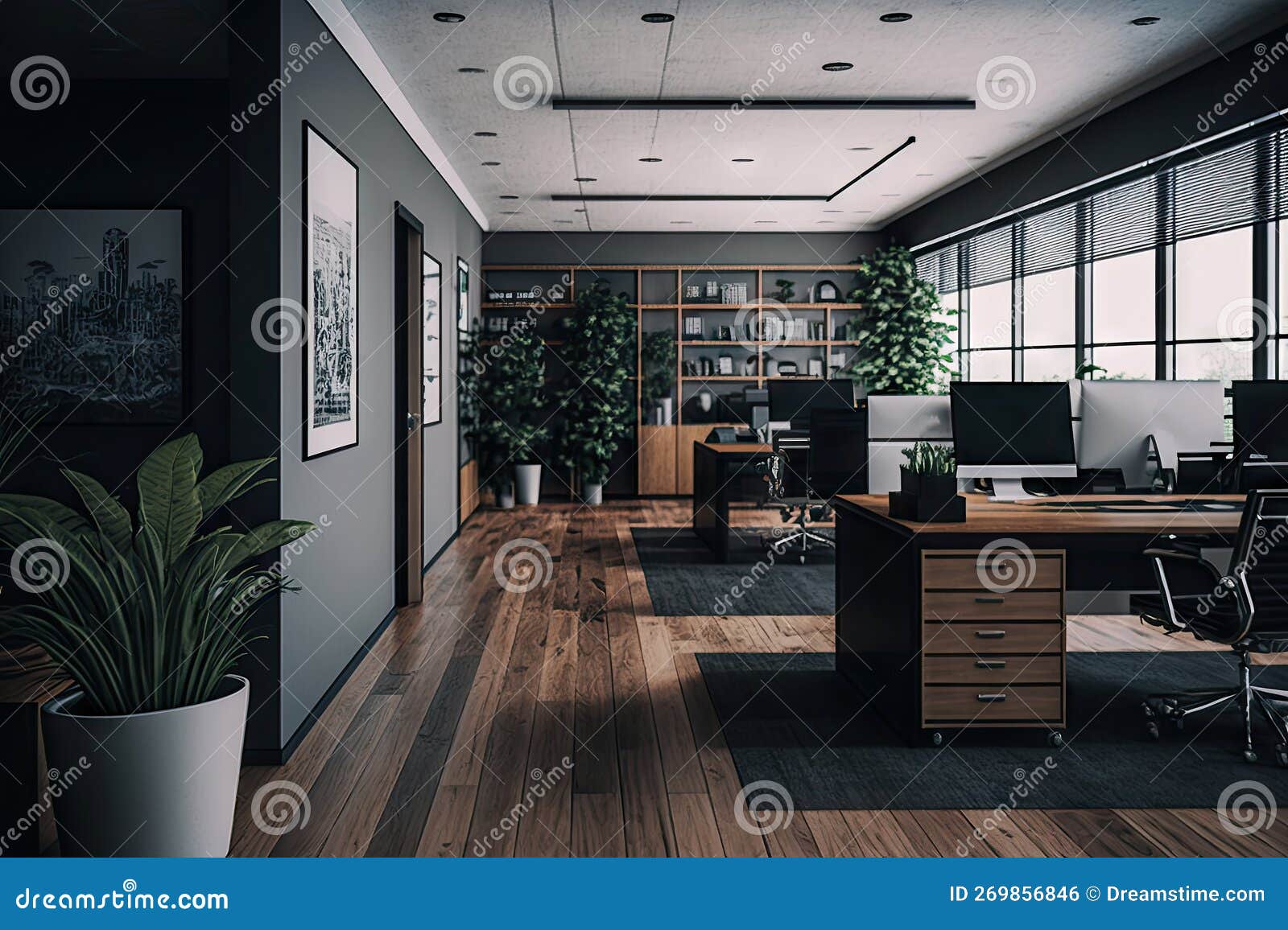 Modern Office Interior Space with Desk, Row of Computers, Documents ...