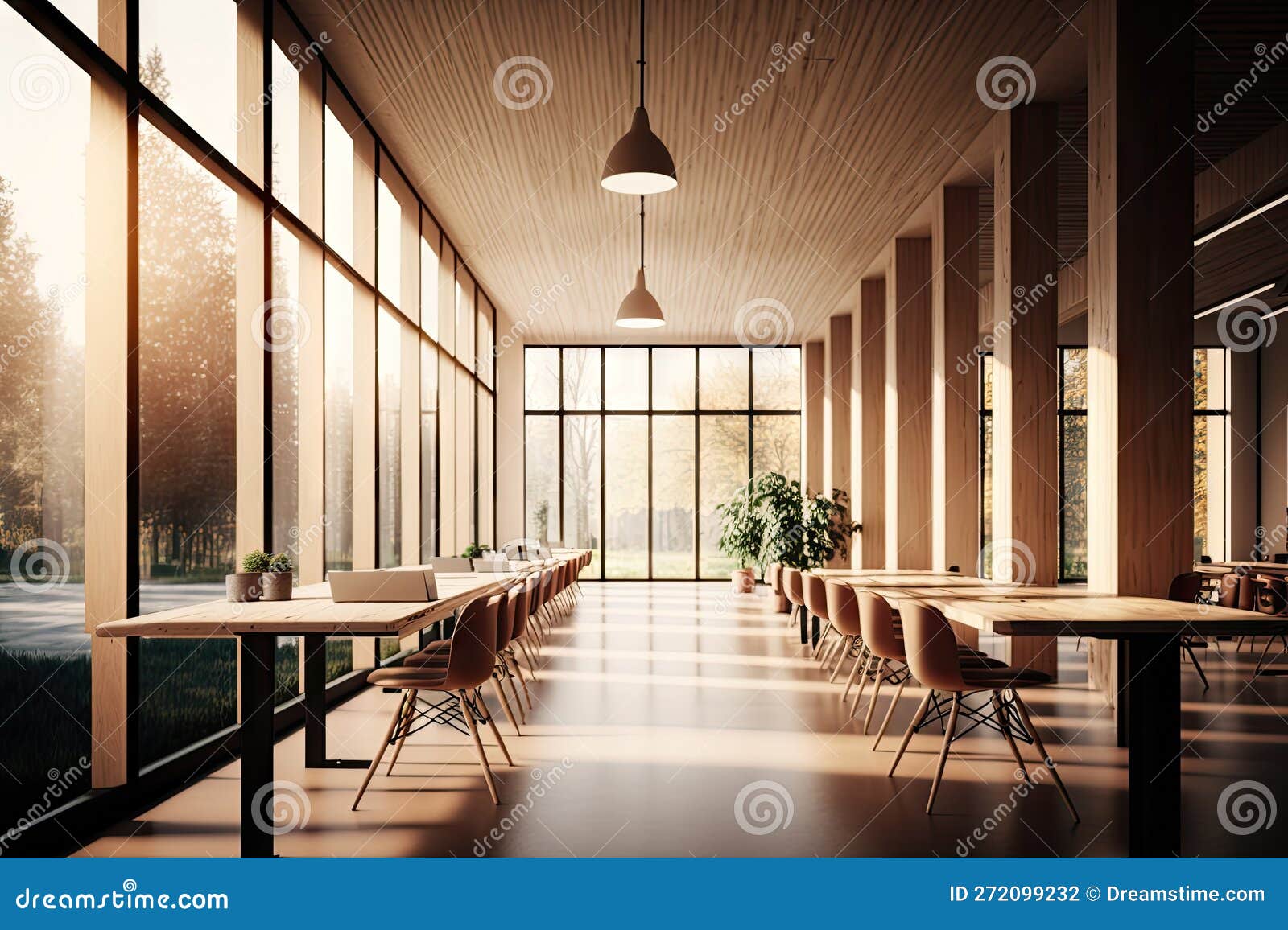 Modern Office Interior Space with Desk, Row of Computers, Documents ...