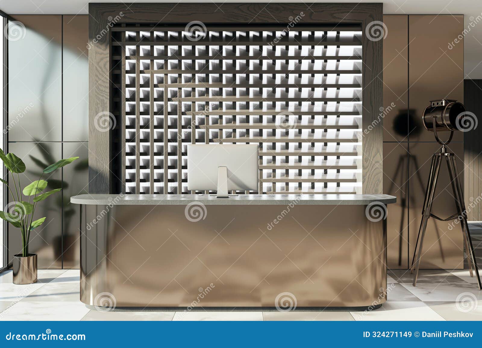 Modern Office Interior with a Stylish Reception Desk, a Computer on it ...