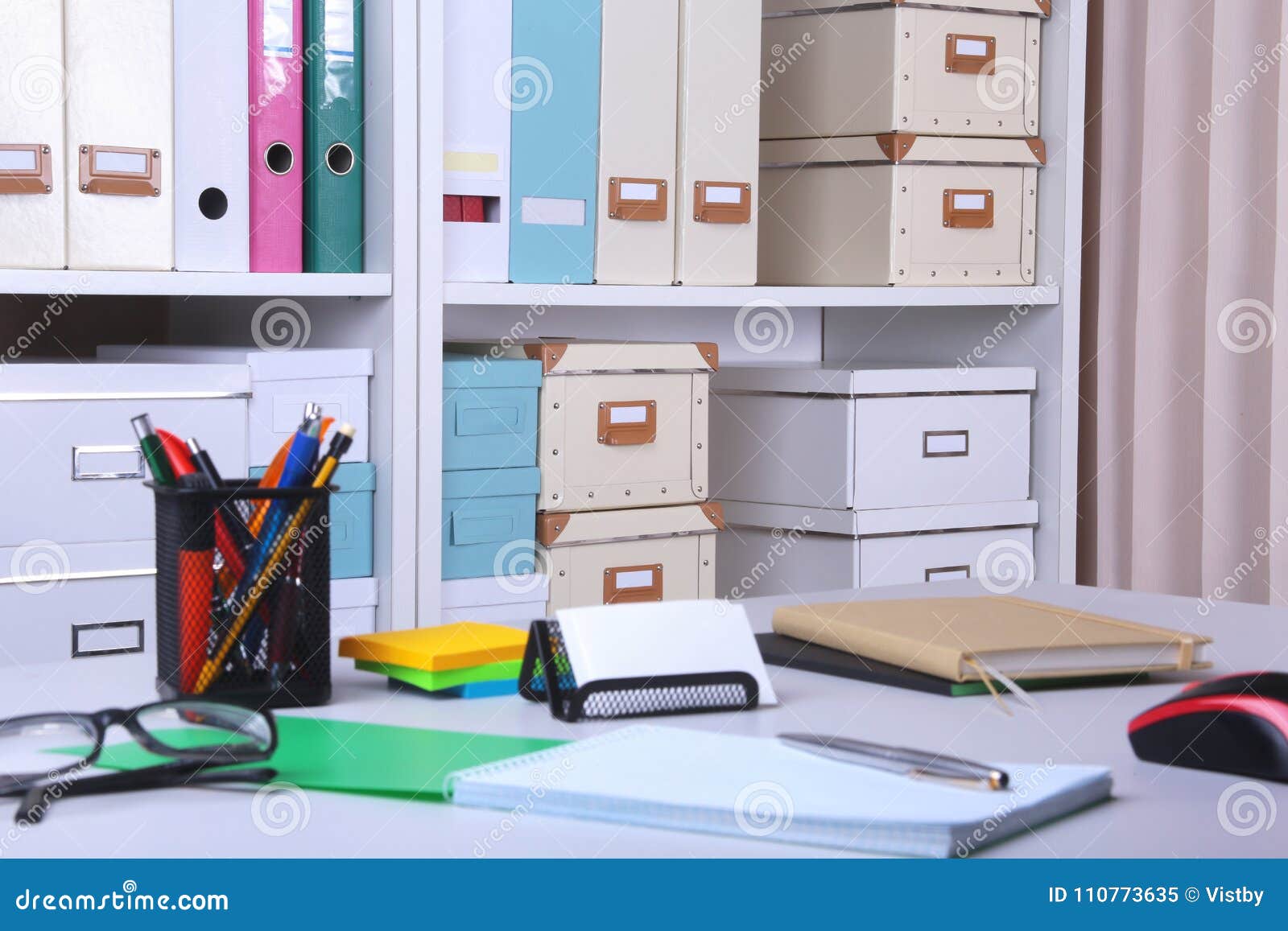 Modern Office Interior with Tables, Chairs and Bookcases Stock Image ...