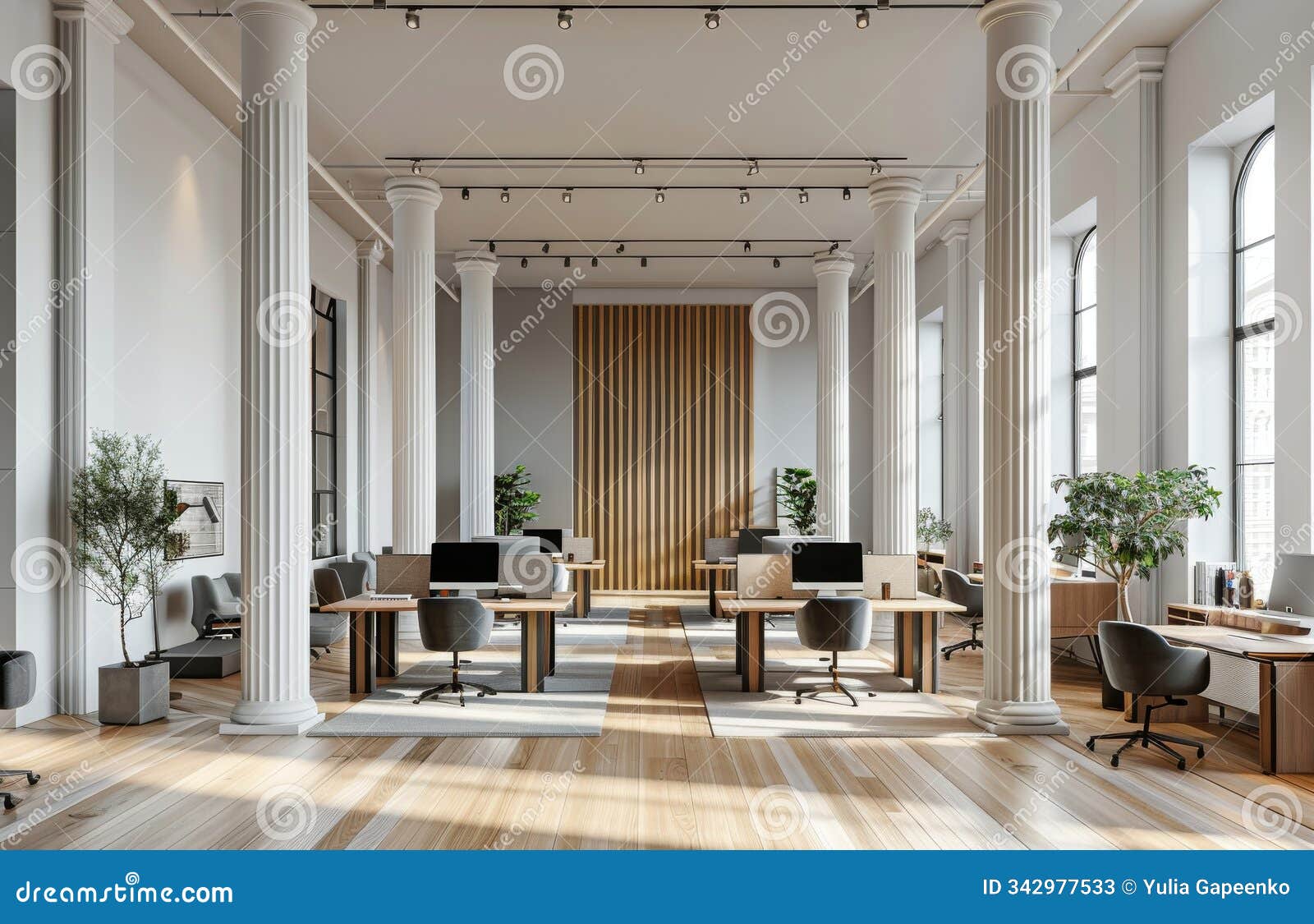 Modern Office Interior with White Columns and Natural Light Stock Image ...