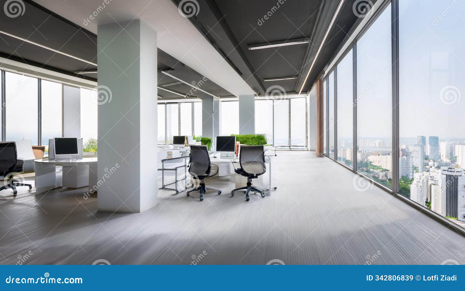 Modern Office Interior with White Seating Area and Large Windows. 3D ...