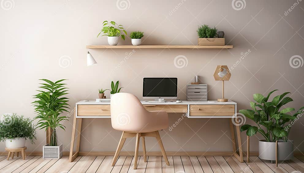Modern Office Interior with Wooden Desk, Computer and Plants - 3D ...