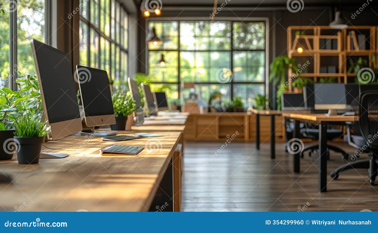 Modern Office Interior with Wooden Desks, Computers, Plants, and Large ...