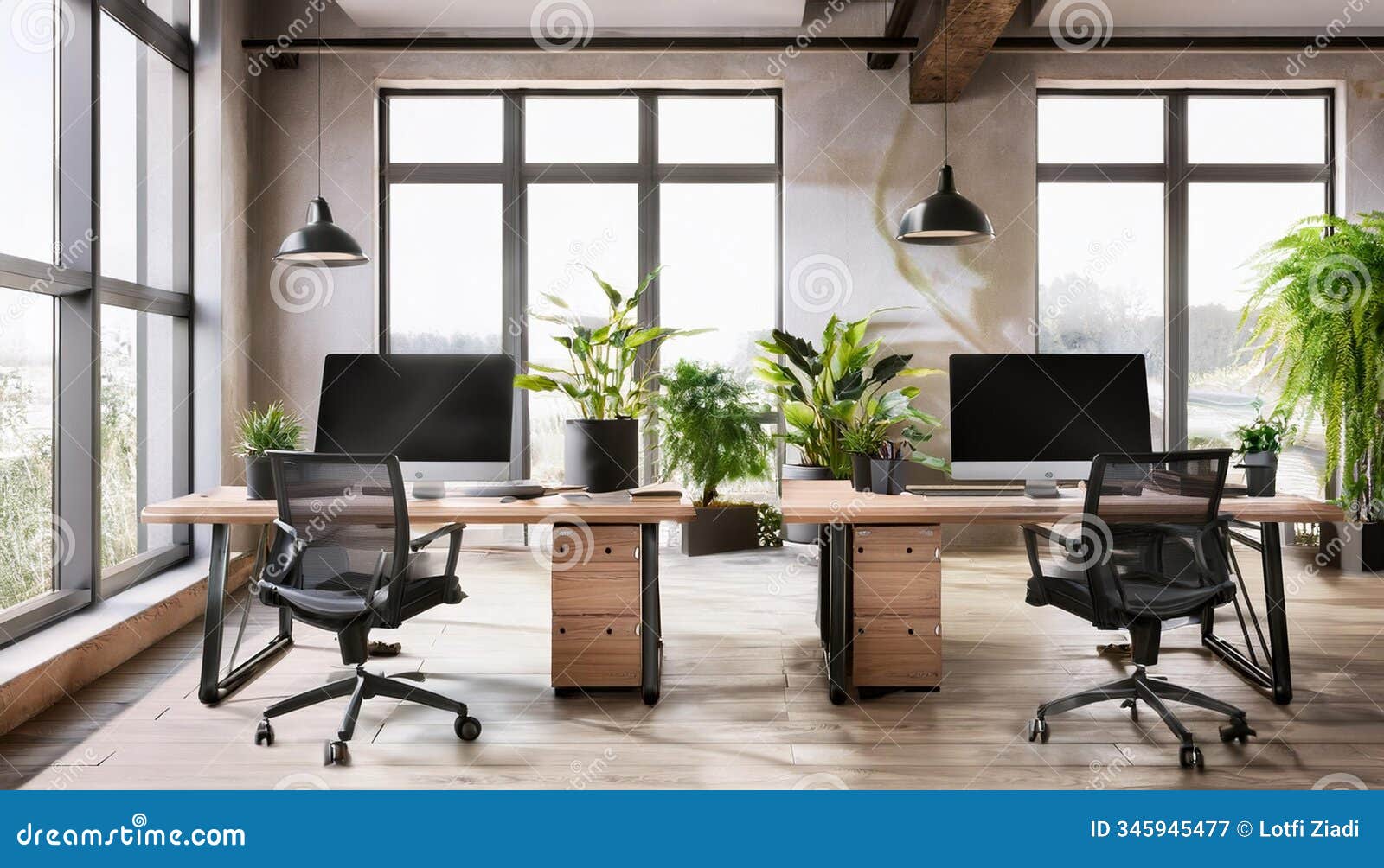 Modern Office Interior with Wooden Desks, Ergonomic Chairs, Computers ...