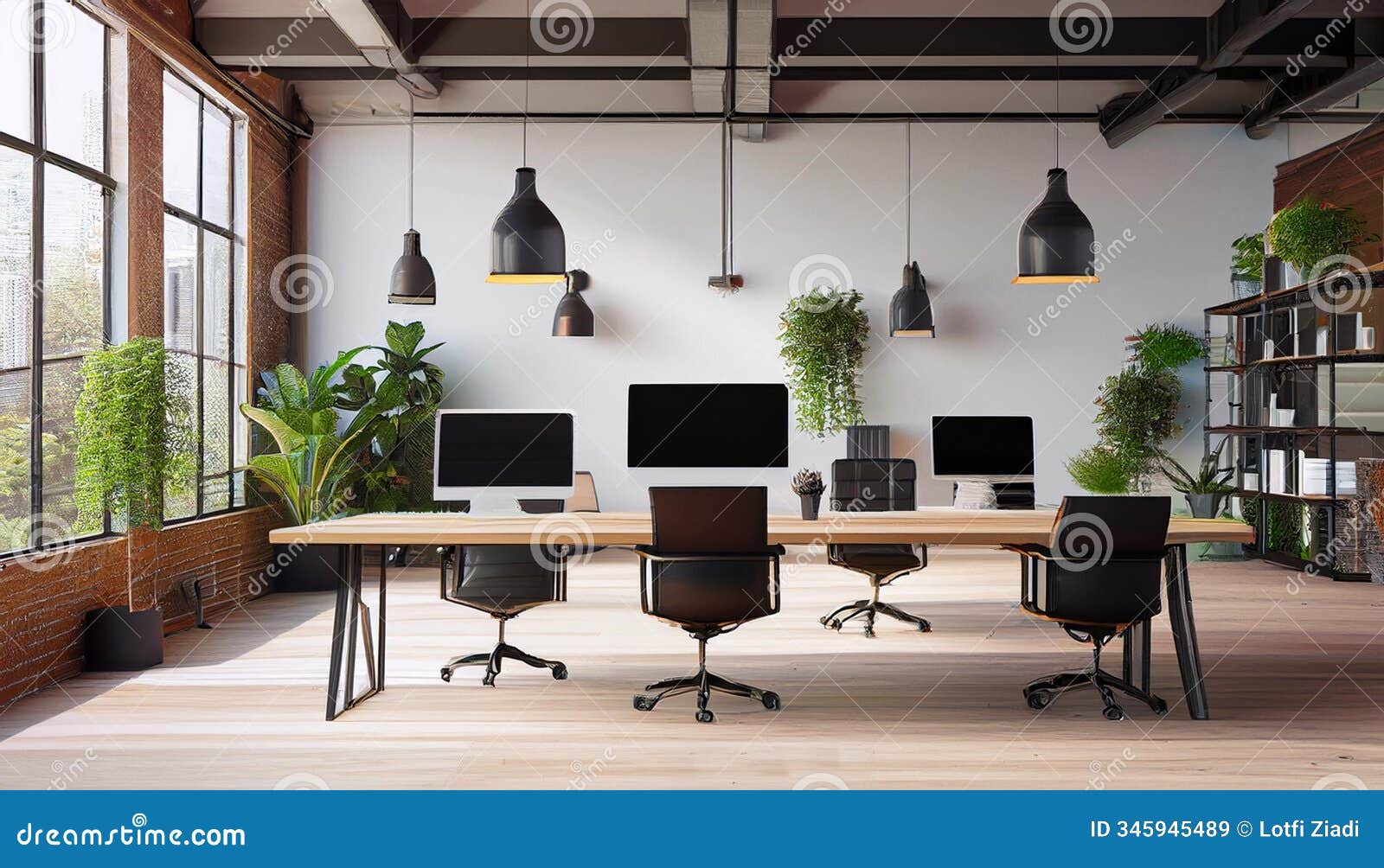 Modern Office Interior with Wooden Desks, Ergonomic Chairs, Computers ...