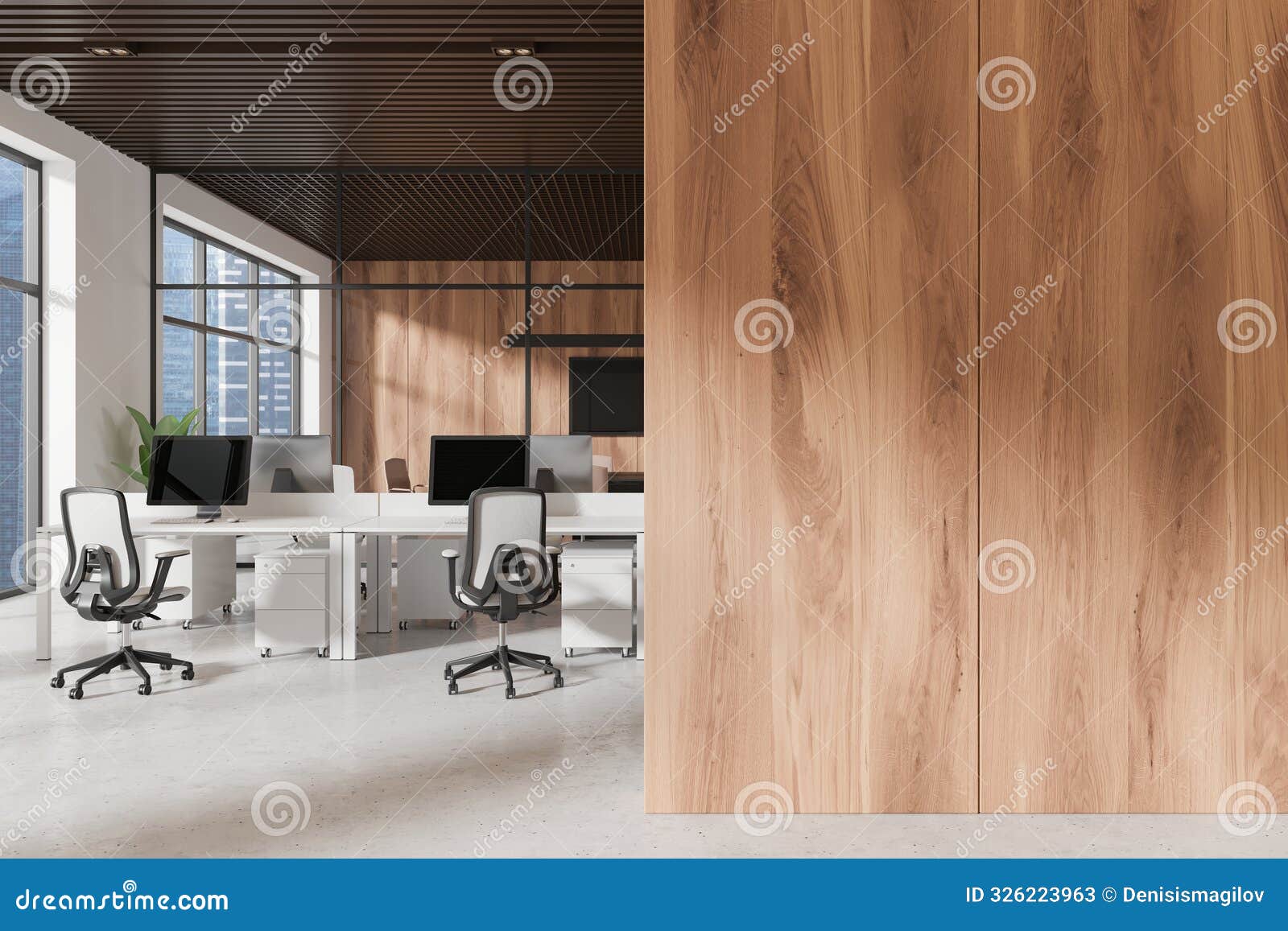 Modern Office Interior with Wooden Walls and Ceilings, Light Background ...