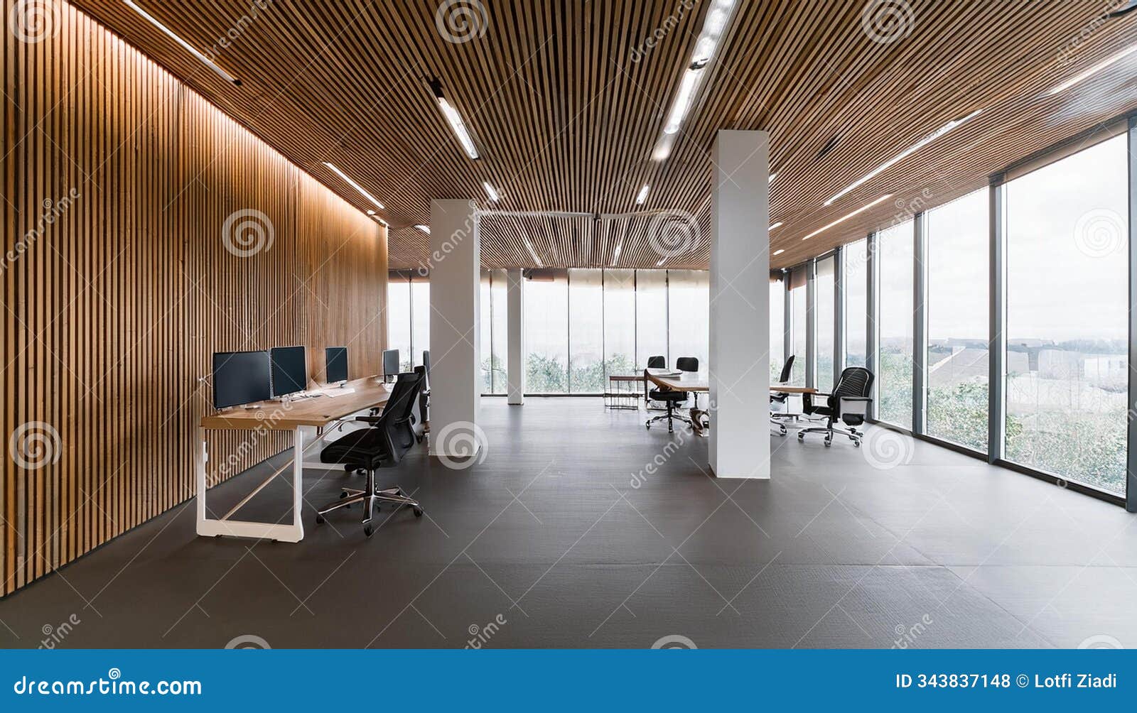 Modern Office Interior with Wooden Walls and Ceilings, Light Background ...