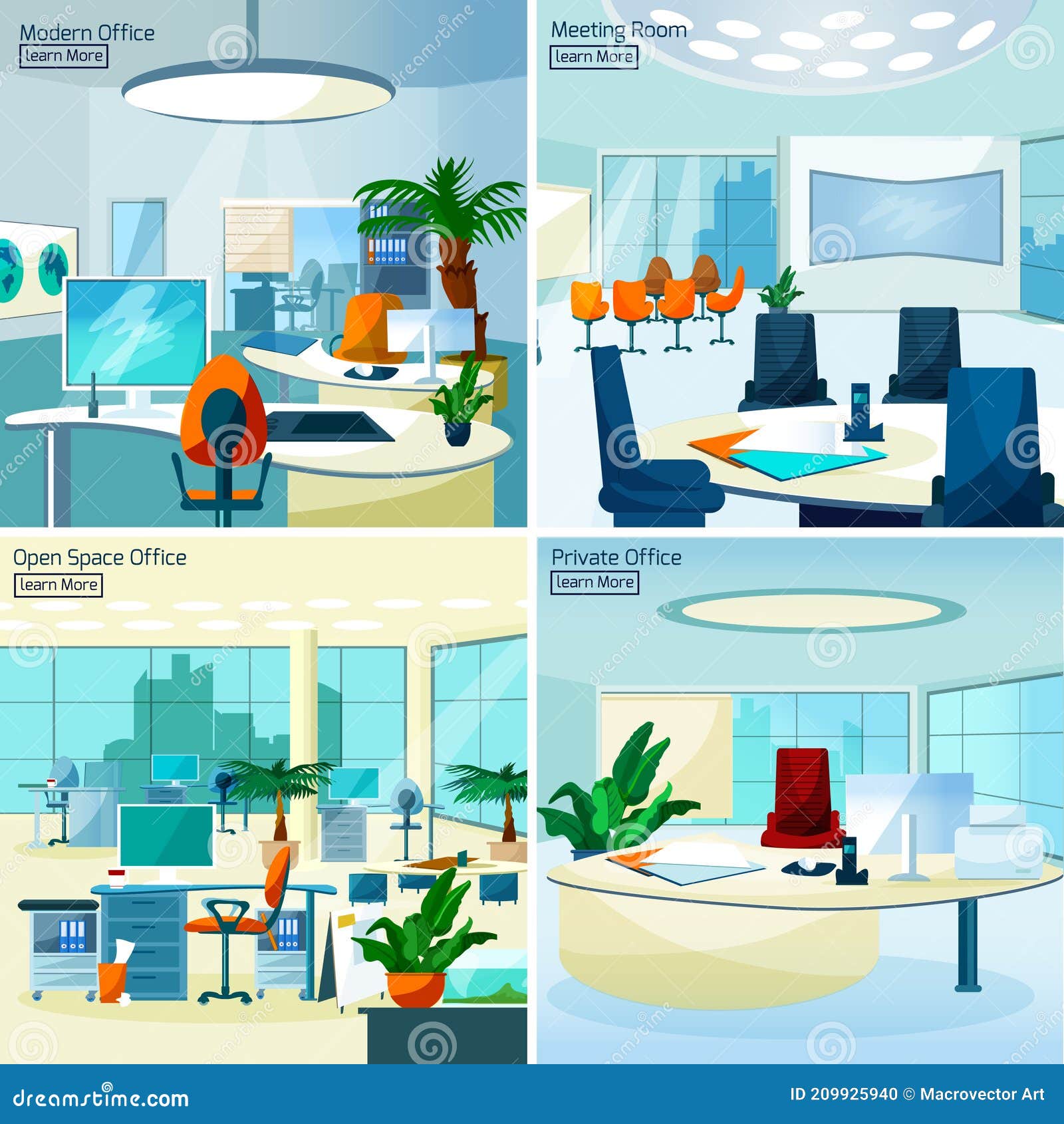 Modern Office Interiors 2x2 Design Concept Stock Vector - Illustration ...
