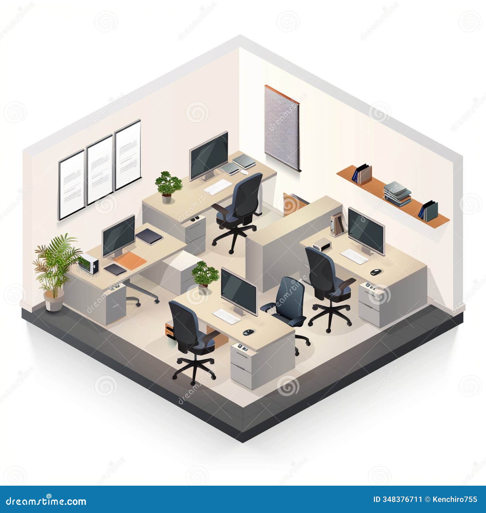 A Modern Office Layout Featuring Multiple Workstations, Ergonomic ...