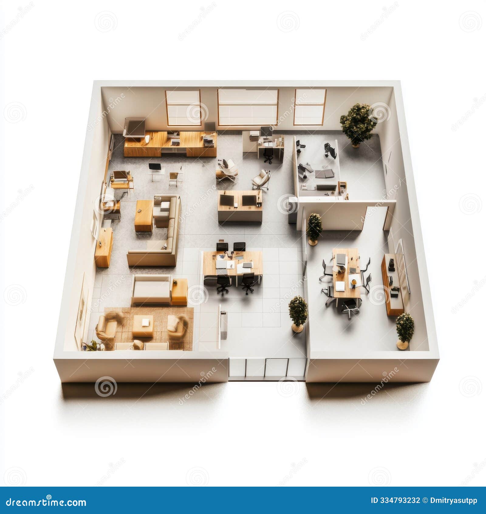 Modern Office Layout with Workstations and Meeting Area in Minimalist ...