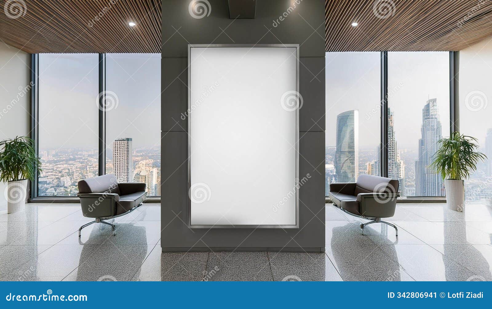 Modern Office Lobby with Blank Vertical White Frame for Advertising. 3D ...
