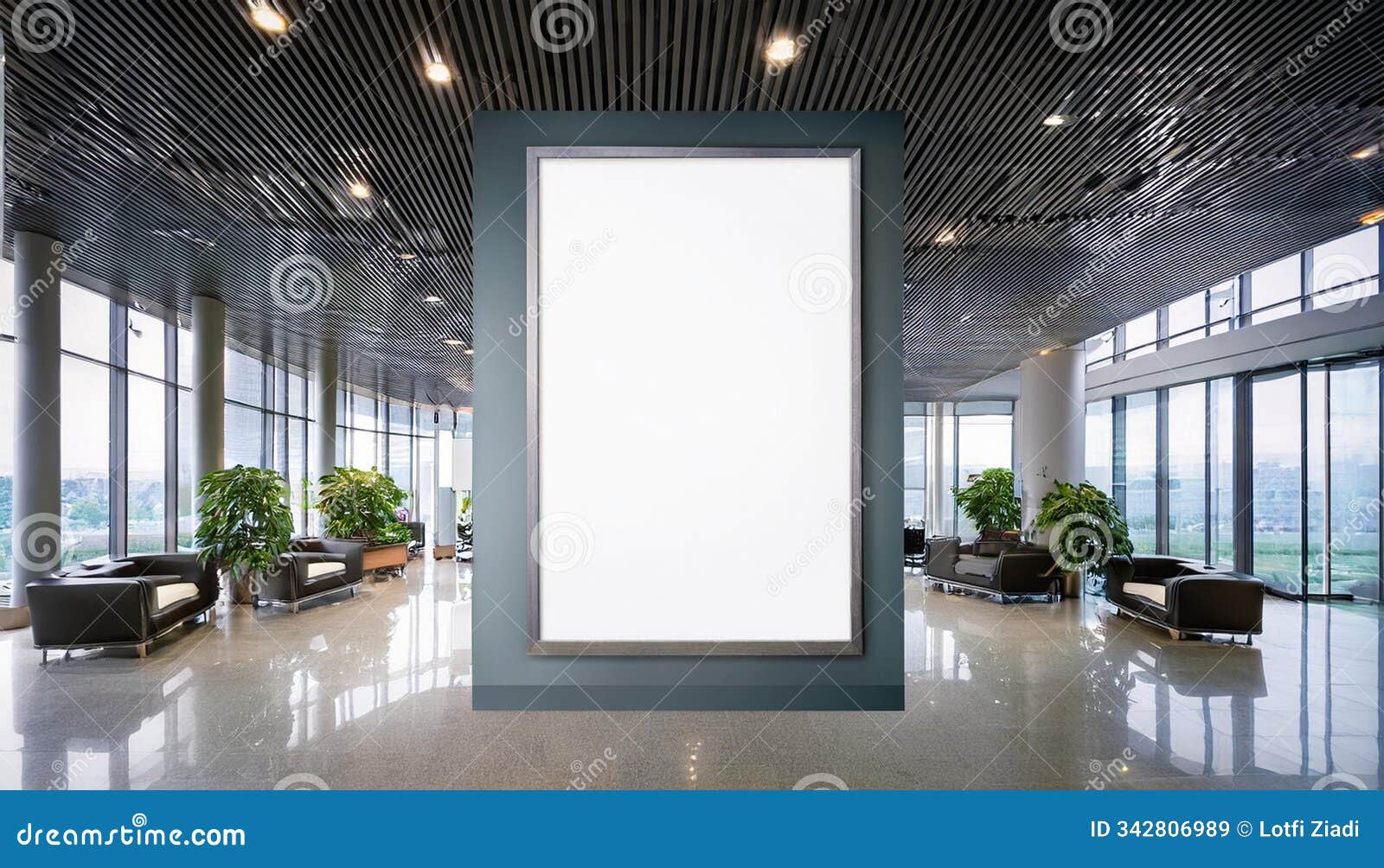 Modern Office Lobby with Blank Vertical White Frame for Advertising. 3D ...