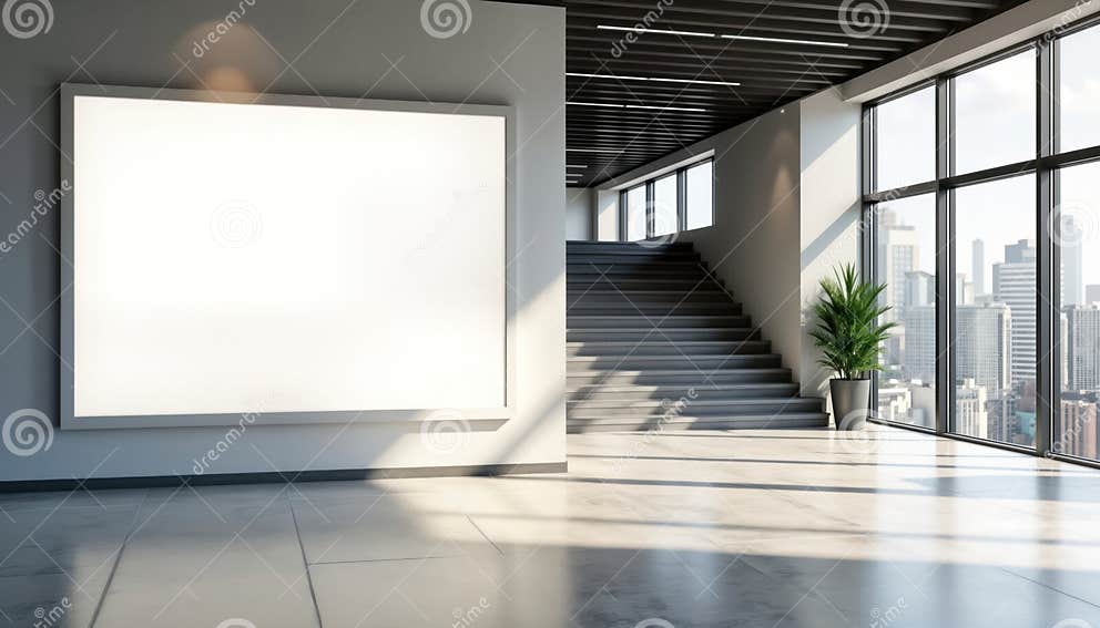 Modern Office Lobby with Blank White Frame on Wall. Empty Space for ...